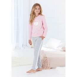 Pyjama Buffalo Gr. 134/140, grau (rosa-grau-meliert) Kinder Homewear-Sets Pyjama mit Herzdruck und Streifen am Bein