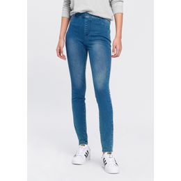 Jogg Pants Arizona "High Waist" Gr. 38, N-Gr, blau (blau, washed), Damen, Jersey, Obermaterial: 62% Baumwolle, 28% Polyester, 10% Elasthan, Jeans, extra-eng geschnitten, knöchellange Beinform, hoher Bund