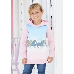 Longsweatshirt Kidsworld "für kleine Mädchen" Gr. 104/110, bunt (hellblau, rosa), Mädchen, angeraute Sweatware, Obermaterial: 100% Baumwolle. Vorderteil: 65% Polyester, 35% Baumwolle, bedruckt, Sweatshirts, Langarm, bedruckt, mit Kapuze, aus angerauter Sweatware