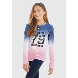 Langarmshirt Kangaroos Gr. 164/170, blau (marine, rosa), Mädchen, Jersey, Obermaterial: 100% Baumwolle, mehrfarbig, Batikmuster, Shirts, Langarm, taillierter Schnitt, mit Print, Rundhalsausschnitt