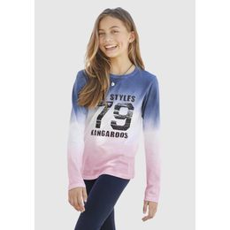 Langarmshirt Kangaroos Gr. 128/134, blau (marine, rosa), Mädchen, Jersey, Obermaterial: 100% Baumwolle, mehrfarbig, Batikmuster, Shirts, Langarm, taillierter Schnitt, mit Print, Rundhalsausschnitt