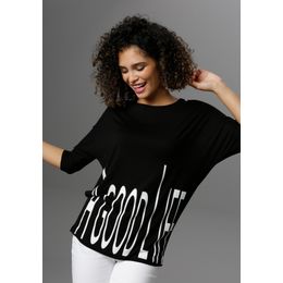 3/4-Arm-Shirt Aniston SELECTED, Damen, Gr. 40, schwarz-wei&szlig; (schwarz, wei&szlig;), Single Jersey, Obermaterial: 95% Viskose, 5% Elasthan, bedruckt, oversize h&uuml;ftbedeckend, Rundhals, Shirts 3/4-Arm-Shirt, mit Statement-Spruch, Topseller