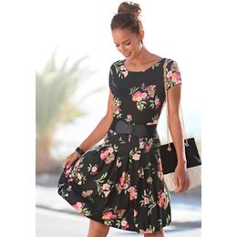 Druckkleid Vivance Gr. 34, N-Gr, bunt (schwarz, pink, bedruckt) Damen Kleider mit Blumenmuster, T-Shirtkleid, Sommerkleid