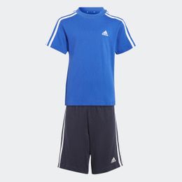 Trainingsanzug adidas Sportswear "ESSENTIALS 3STREIFEN SET AUS UND SHORTS" Gr. 116, blau (semi lucid blue) Kinder Sportanzüge