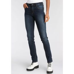 Slim-fit-Jeans Arizona "Bund mit seitlichem Gummizugeinsatz" Gr. 17, K + L Gr, blau (darkblue-used) Damen Jeans schmale Passform, Röhrenjeans, Used-Waschung, hohe Leibhöhe