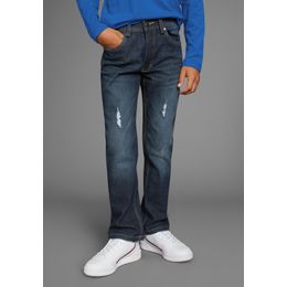 Stretch-Jeans Kidsworld "Straight-fit Jeans mit Distroy-Effekten" Gr. 128, N-Gr, blau (dark denim washed) Jungen Jeans für