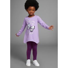 Langarmshirt & Leggings Kidsworld "2tlg. Set Shirt + Leggings mit Glitzerdetails" Gr. 104/110, lila (lila, dk lila), Mädchen, Jersey, Obermaterial: 100% Baumwolle. Unterteil: 95% Baumwolle, 5% Elasthan, bedruckt, KOB Set-Artikel, niedlicher Schmetterling für kleine Mädchen