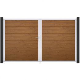 GroJa Doppeltor BasicLine PVC-Steckzaun Golden Oak , DIN Links, Silber EV1