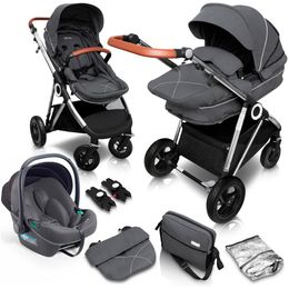 Kombi-Kinderwagen BABYGO "Halime AIR 3in1, Anthracite Black" grau (grey silver) Baby Kinderwagen mit Luftreifen, inkl. Babywanne, Babyschale, Regenhaube & Wickeltasche