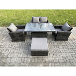 Fimous Polyrattan Gartenmöbel Set Essgruppe Lounge Einstellbare Höhe Esstisch mit Großer Fußhocker Dunkelgrau Gemischt