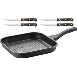 Pinti Inox Grillpfanne PINTINOX "Pro", grau (schwarz, edelstahlfarben), B:28cm L:28cm Ø:28cm, Pfannen, 3-lagige Antihaftbeschichtung, inkl. 4 Steakmessern, Induktion