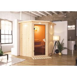 Sauna Karibu "»Liyah« mit bronzierter Tür und Kranz naturbelassen", beige (naturbelassen), ohne Ofen, ohne Steuerung, (ohne Ofen), Saunen, in verschiedenen Ausführungen erhältlich