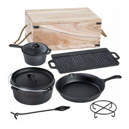 Garden Pleasure 7tlg. Dutch Oven Set Gusseisen Guss Topfset Topf Pfanne Camping Grill Platte BBQ