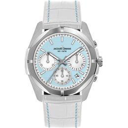 Chronograph Jacques Lemans "Monte Carlo" Armbanduhren weiß (weiß-hellblau) Damen Quarzuhr, Armbanduhr, Damenuhr, Datum, Stoppfunktion, Lederarmband