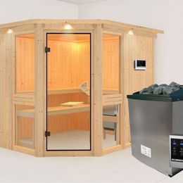 Karibu Sauna Amelia 3, 9 kW ext. Steuerung Easy Finnisch, mit Dachkranz