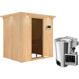 Karibu Sauna Fanja, 3,6 kW Ofen, Plug&Play ext. Strg. Easy Bio, Ganzglastür,graphit,mit Dachkranz