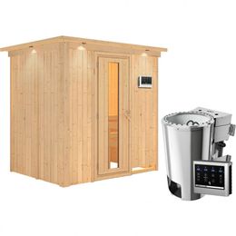 Karibu Sauna Fanja, 3,6 kW Ofen, Plug&Play ext. Strg. Easy Bio, Holztür mit Isolierglas,Klarglas,mit Dachkranz