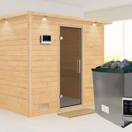 Karibu Sauna Sonara, 9 kW ext. Steuerung Easy Finnisch, Ganzglastür,graphit,mit Dachkranz