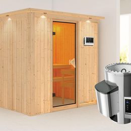 Karibu Sauna Fanja, 3,6 kW Ofen, Plug&Play ext. Strg. Easy Finnisch, bronziert,Ganzglastür,mit Dachkranz