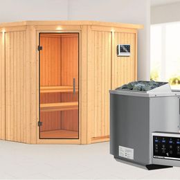 Karibu Sauna Jarin, 9 kW ext. Steuerung Easy Bio, Ganzglastür,Klarglas,mit Dachkranz