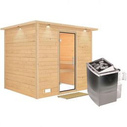 Karibu Sauna Sonara, 9 kW int. Steuerung, Ganzglastür,Klarglas,mit Dachkranz