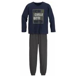 Pyjama AUTHENTIC LE JOGGER Gr. 134/140, grau (marine, anthrazit) Kinder Homewear-Sets "Ich chille bitte warten"