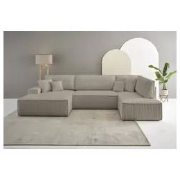 Wohnlandschaft Andas "FINNLEY U-Form XXL 329 cm, Schlafsofa, Schlaffunktion m. Bettkasten" Sofas Gr. B/H/T: 329cm x 85cm x 195cm, Cord, Ottomane links-langer Schenkel rechts, grau (taupe) (194139 cm), Bouclé, Struktur und Cord