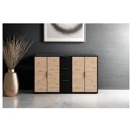 Sideboard ByLiving "Rimini" Sideboards Gr. B: 139cm, Sideboard mit Türen, schwarz (eiche schw) Melamin Eiche und Artisan Eiche, 3 Schubkästen, 4 Türen