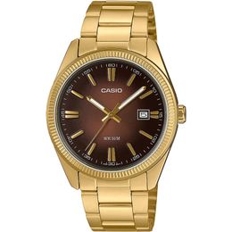 Quarzuhr CASIO TIMELESS COLLECTION Armbanduhren goldfarben-braun Herren Armbanduhr, Damenuhr, Herrenuhr, Edelstahlarmband, Neo-Display, Tag