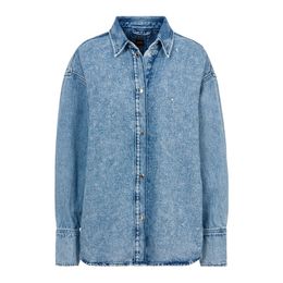 Klassische Bluse BOSS Orange "C_DENIM SHIRT HF" Gr. 38, blau (dunkelblau 406), Damen, Web, Obermaterial: 100% Baumwolle, unifarben, washed, Blusen, mit Blusenkragen und All Over Straß & Glitzereffekt