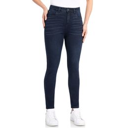 High-waist-Jeans WONDERJEANS Gr. 34, Länge 28, blau (dunkelblau light used28), Damen, Denim/Jeans, Obermaterial: 65% Baumwolle, 29% Polyester, 6% Elasthan, Abriebeffekte, Jeans, Hoch geschnitten mit leicht verkürztem Bein