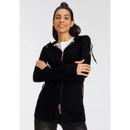 Kapuzensweatjacke Kangaroos Gr. 36/38 (S), schwarz, Damen, angeraute Sweatware, Obermaterial: 80% Baumwolle, 20% Polyester. Kapuzenfutter: 80% Baumwolle, 20% Polyester, unifarben, kontrastfarbene Details, Sweatjacken, aus besonders weichem & dickem French-Terry