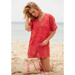 Venice Beach Chiffontunika mit Blumendruck, Strandkleid, modisch, Cover-Up pink-orange 38 38 V-Ausschnitt vorne und hinten