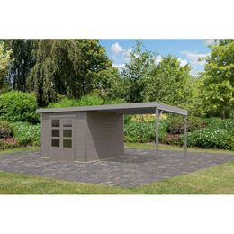 Karibu Gartenhaus »"Plutino D" SET, Anbaudach 3 m Breite« wassergrau-weiß, -staubgrau oder -anthrazit terragrau-grau