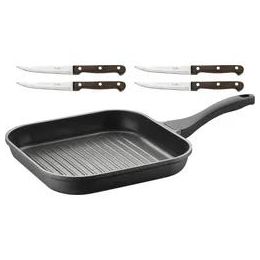 Pinti Inox Grillpfanne PINTINOX "Pro", grau (schwarz, edelstahlfarben), B:28cm L:28cm Ø:28cm, Pfannen, 3-lagige Antihaftbeschichtung, inkl. 4 Steakmessern, Induktion