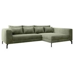 Ecksofa Inosign "Cross, mit softem Sitz, L-Form, wendbare Zierkissen, Breite 284 cm" Sofas Gr. B/H/T: 284cm x 82cm x 172cm, Feincord, Ottomane rechts, grün (mayfly) Couch mit vielen Kissen, stylische Kreuznaht, elegante Metallfüße