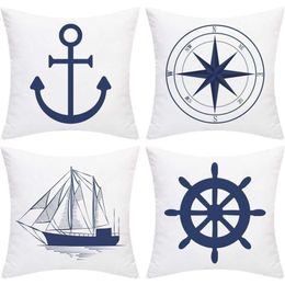 Set mit 4 nautischen Kissenbezügen – Anker – Navigation – Kompass – 45 x 45 cm – Marine-Stil – Weiß und Blau