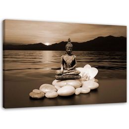 FEEBY - Bild auf Leinwand, Buddha auf Steinen braun - 90x60