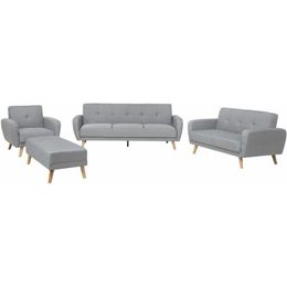 Beliani Sofa Set 4-Teilig Hellgrau Stoffbezug mit Schlaffunktion 3-Sitzer Sofa 2-Sitzer Sofa Sessel u. Ottomane Skandi Modern Wohnzimmer Sitzgruppe