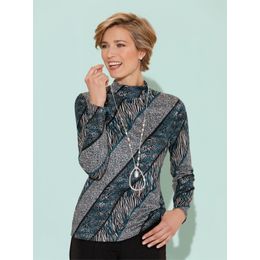 WITT Damen Langarmshirt mit Stehkragen, aquapetrol-schwarz-bedruckt, Gr&ouml;&szlig;e 38