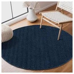 Teppich Carpet City "Friseé-Teppich FANCY805" Teppiche Gr. Ø 200cm, 12mm, blau Kurzflor, Einfarbig, 3D-Optik, Zickzack Look