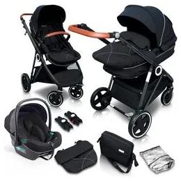 Kombi-Kinderwagen BABYGO "Halime 3in1" schwarz (anthracite black) Baby Kinderwagen inklusive Babywanne, Babyschale, Regenhaube & Wickeltasche