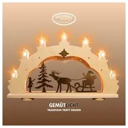 LED Schwibbogen Weigla "Weihnachtsmann auf Schlitten, Lichterbogen Rustikal, Holz, NATUR-BRAUN" Schwibbögen Gr. B/H/T: 52cm x 33cm x 6cm, beige (natur/braun) Erzgebirge garantiert, Weihnachtsdeko Innen, Weihnachtsbeleuchtung