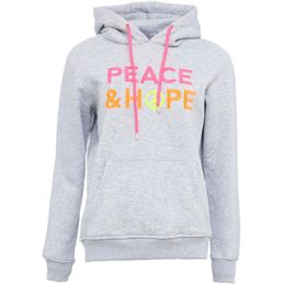 Kapuzensweatshirt Zwillingsherz Gr. S/M, grau, Damen, Sweatware, Obermaterial: 50% Baumwolle, 50% Polyester, Sweatshirts, mit "Peace & Hope"-Stickerei in Neonfarben und pinker Kordel