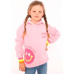 Hoodie Zwillingsherz ""Always Happy" Kids" Gr. 110/116, pink, Mädchen, Sweatware, Obermaterial: 50% Baumwolle, 50% Polyester, Sweatshirts, mit großem Smiley und neonfarbenen Details