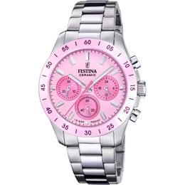 Chronograph Festina "Ceramic" Armbanduhren silberfarben-rosa Damen Quarzuhr, Armbanduhr, Damen, Herren, Edelstahlarmband, Keramiklünette