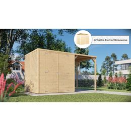 Gartenhaus Konifera, beige, Massivholz, Gartenh&auml;user, "Beno 3 PLUS Fineline Flachdach", mit Anbaudach
