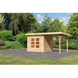 Gartenhaus Karibu, beige, Holzwerkstoff, Gartenhäuser, ""Ammersee 3" SET mit Anbaudach 2,35m Breite", naturbelassen oder terragrau
