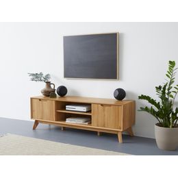 Lowboard Andas, B:135cm H:44cm T:40cm, braun, Dekorfolie, Hartfaserplatte, MDF, Wohnzimmer, Sideboards, "Pandrup", Kommode mit 3 Einlegeböden und