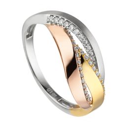 Jobo Damen Fingerring "Tricolor-Ring mit 36 Diamanten", 52, P1 = bei 10-facher Vergrößerung erkennbare Einschlüsse, Diamanten Roségold 585 Weißgold